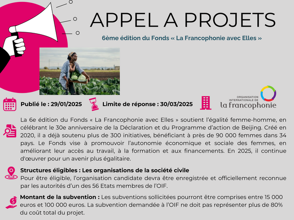 Appel à projet "La Francophonie avec Elles" de l'OIF